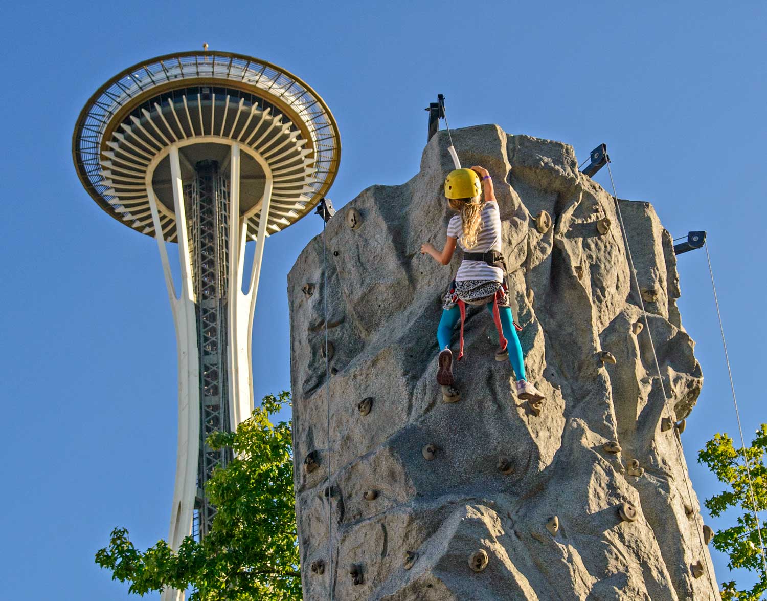 Southeast corner CLIMBING ROCK w Space Needle WEB | Seattle Now & Then