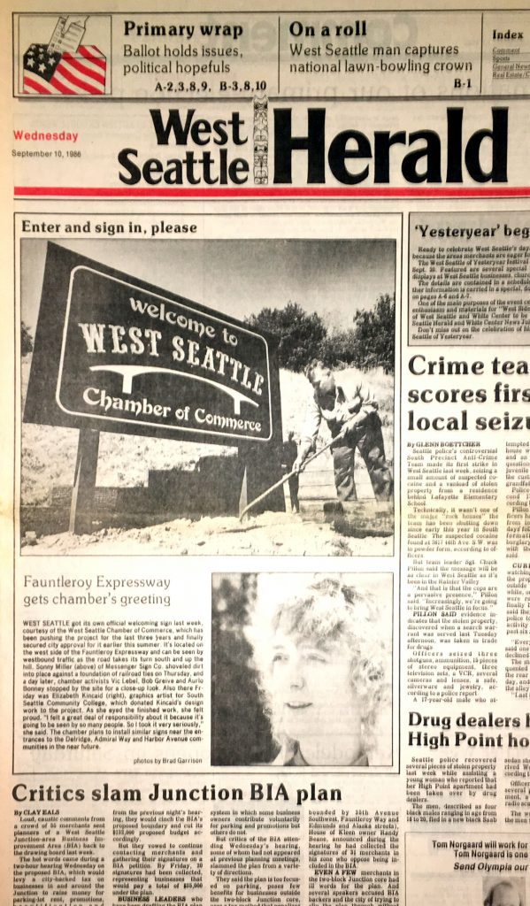 Seattle Now & Then: Welcome to West Seattle sign, 1986 ...