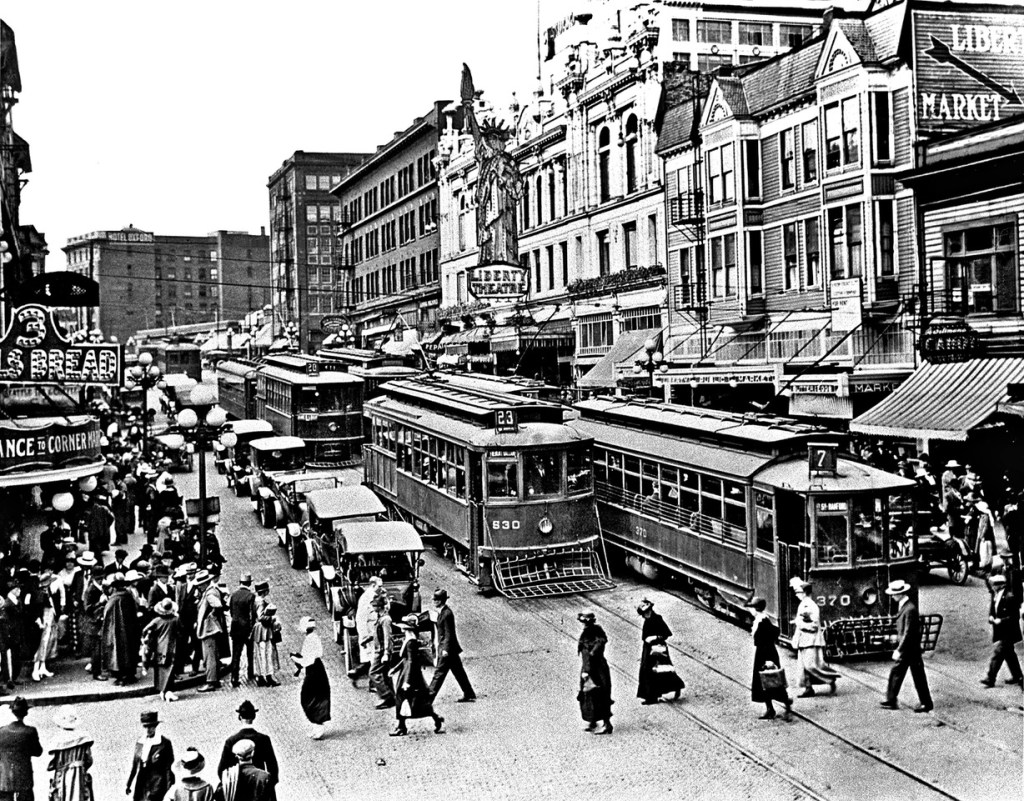 Seattle Now & Then: Streetcars at First and Pike, 1919 | Seattle Now & Then